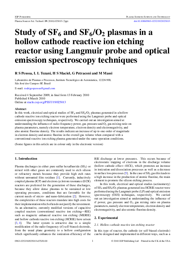 (PDF) Study of SF6 and SF6/O2 plasmas in a hollow cathode reactive ion etching reactor using ...