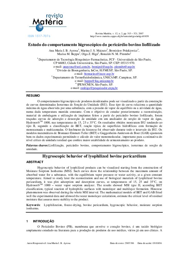 (PDF) Estudo do comportamento higrosc pico do peric rdio bovino liofilizado
