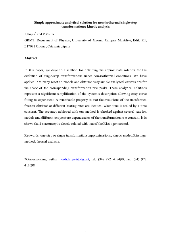 Pdf Simple Approximate Analytical Solution For Nonisothermal Single‐step Transformations