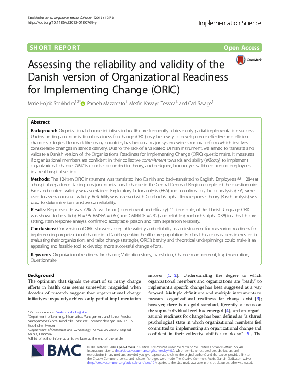 (PDF) Assessing the reliability and validity of the Danish version of Organizational Readiness ...