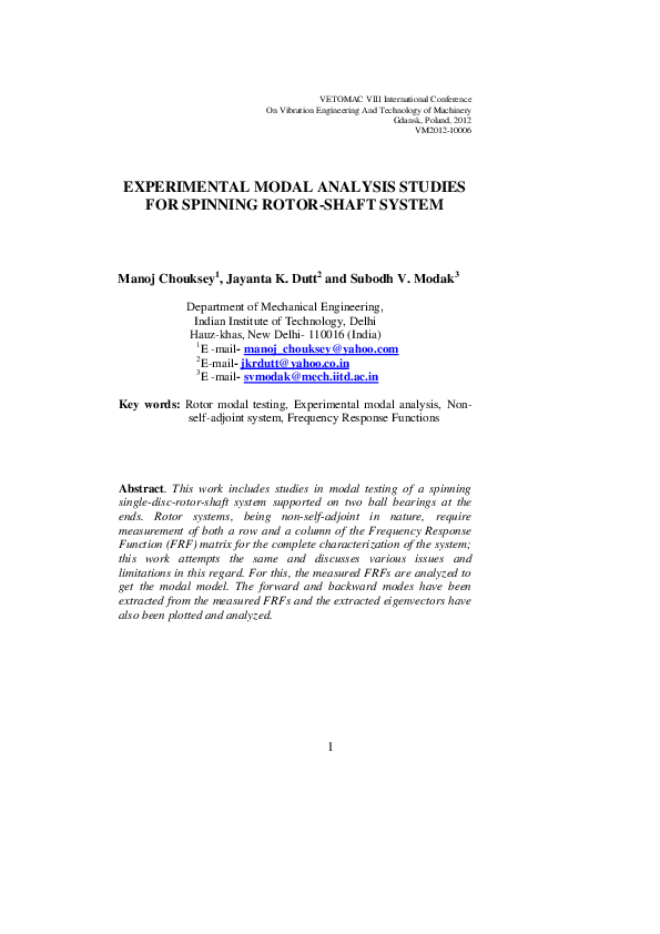 (PDF) Experimental modal analysis studies for spinning rotor system