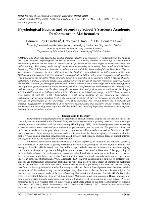 (PDF) Psychological Factors and Secondary School’s Students Academic ...