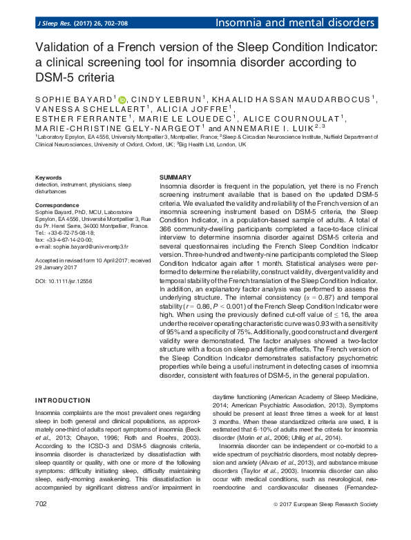 (PDF) Validation of a French version of the Sleep Condition Indicator ...