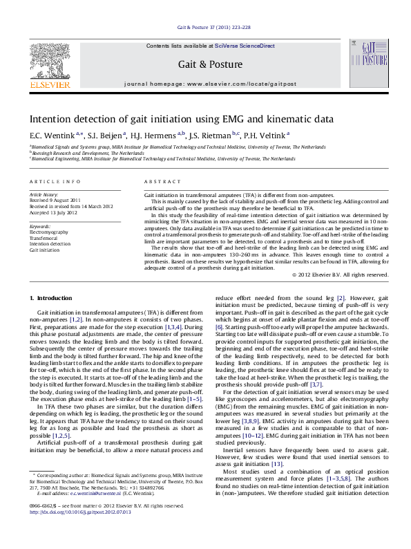 Pdf Intention Detection Of Gait Initiation Using Emg And Kinematic Data