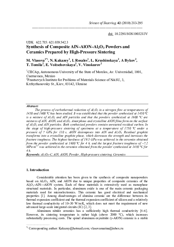 (PDF) Synthesis of composite AlN-AlON-Al2O3 powders and ceramics prepared by high-pressure sintering