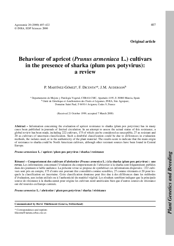 (PDF) Behaviour of apricot ( Prunus armeniaca L.) cultivars in the ...