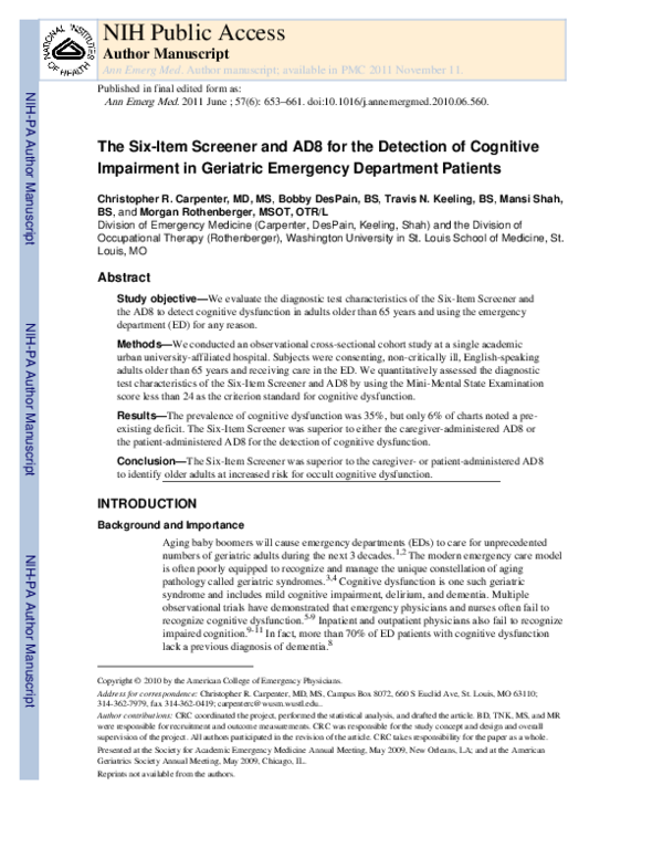 (PDF) The Six-Item Screener and AD8 for the Detection of Cognitive ...
