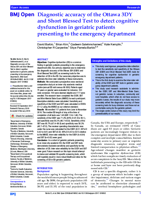 (PDF) Diagnostic accuracy of the Ottawa 3DY and Short Blessed Test to ...