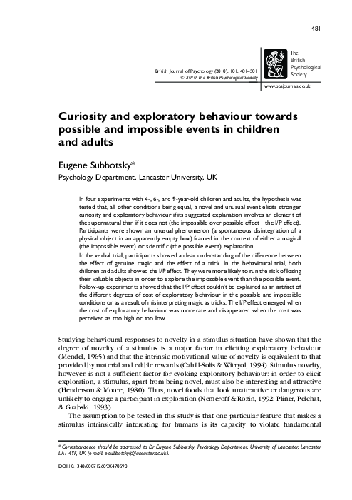 (PDF) Curiosity and exploratory behaviour towards possible and impossible events in children and ...
