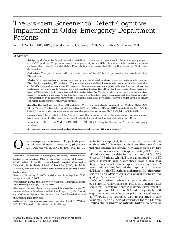 (PDF) The Six-item Screener to Detect Cognitive Impairment in Older ...