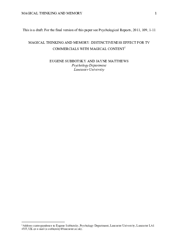 (PDF) Magical Thinking and Memory: Distinctiveness Effect for TV Commercials with Magical Content 1