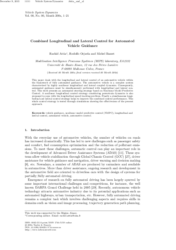 (PDF) Combined longitudinal and lateral control for automated vehicle ...
