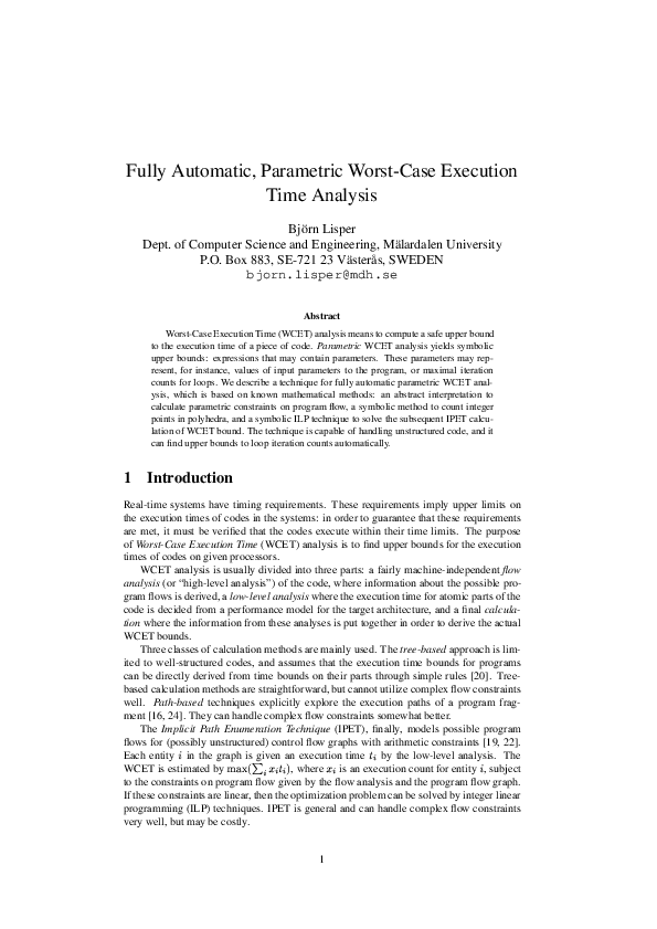 Pdf Fully Automatic Parametric Worst Case Execution Time Analysis