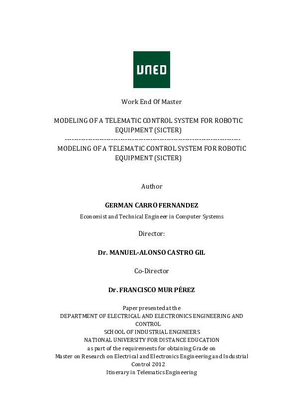 (PDF) Modeling of a Telematic Control System for Robotic Equipment (SICTER)