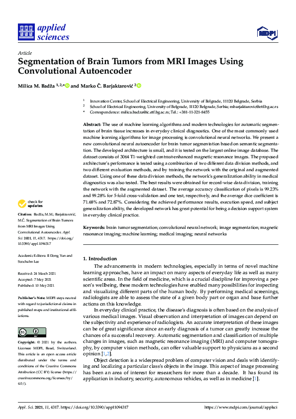 (PDF) Segmentation of Brain Tumors from MRI Images Using Convolutional Autoencoder