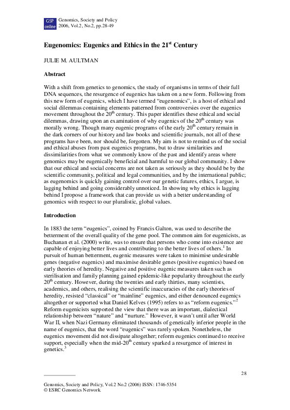 (PDF) Eugenomics: Eugenics and Ethics in the 21st Century