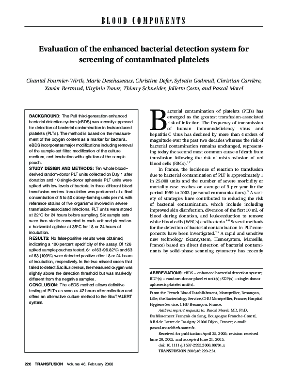 (PDF) Evaluation of the enhanced bacterial detection system for screening of contaminated platelets