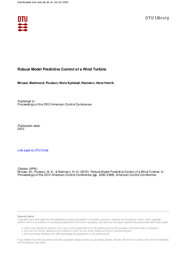 (PDF) Robust model predictive control of a wind turbine | Niels Kjølstad Poulsen - Academia.edu