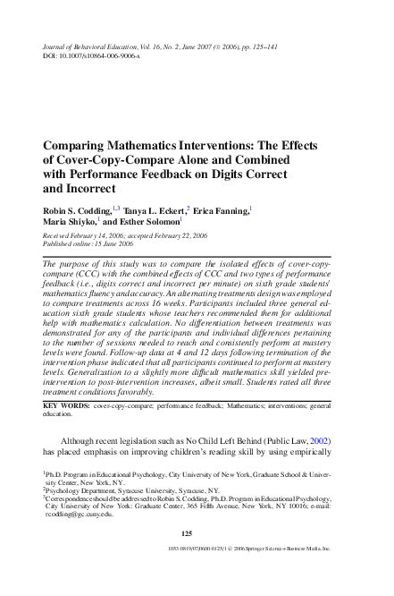 (PDF) Comparing Mathematics Interventions: The Effects of Cover-Copy ...