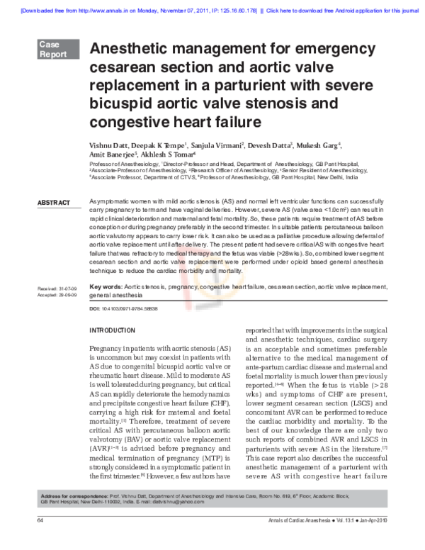 (PDF) Anesthetic management for emergency cesarean section and aortic valve replacement in a ...