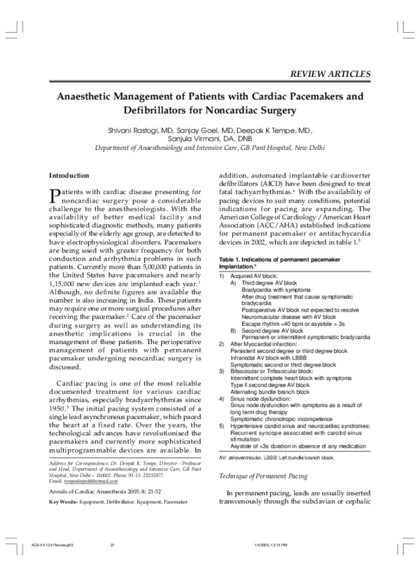 (PDF) Anaesthetic management of patients with cardiac pacemakers and ...