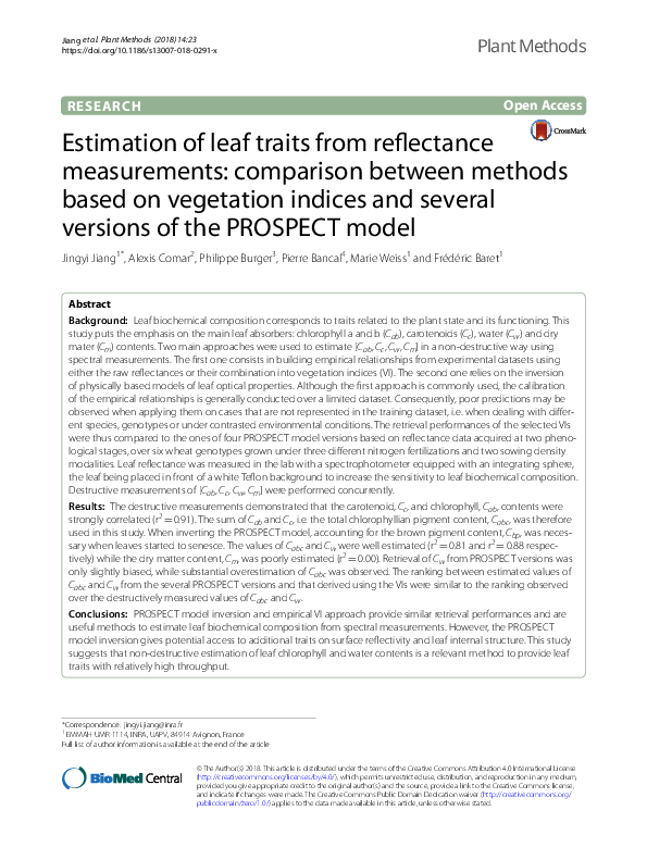 (PDF) Estimation of leaf traits from reflectance measurements ...