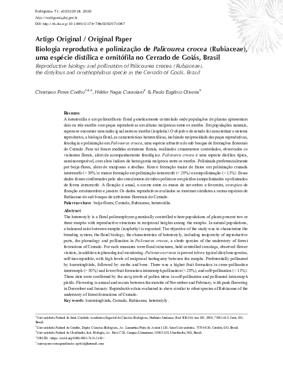 (PDF) Biologia reprodutiva e polinização de Palicourea crocea ...