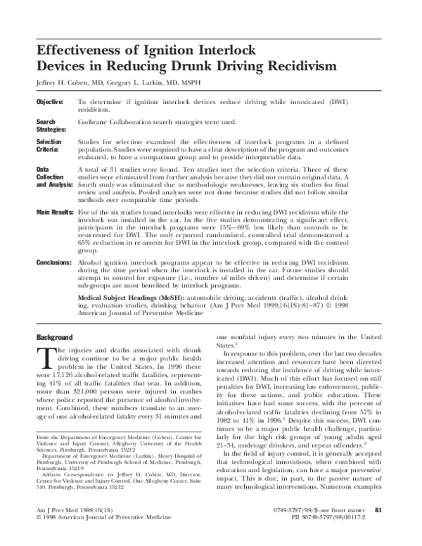 (PDF) Effectiveness of ignition interlock devices in reducing drunk driving recidivism