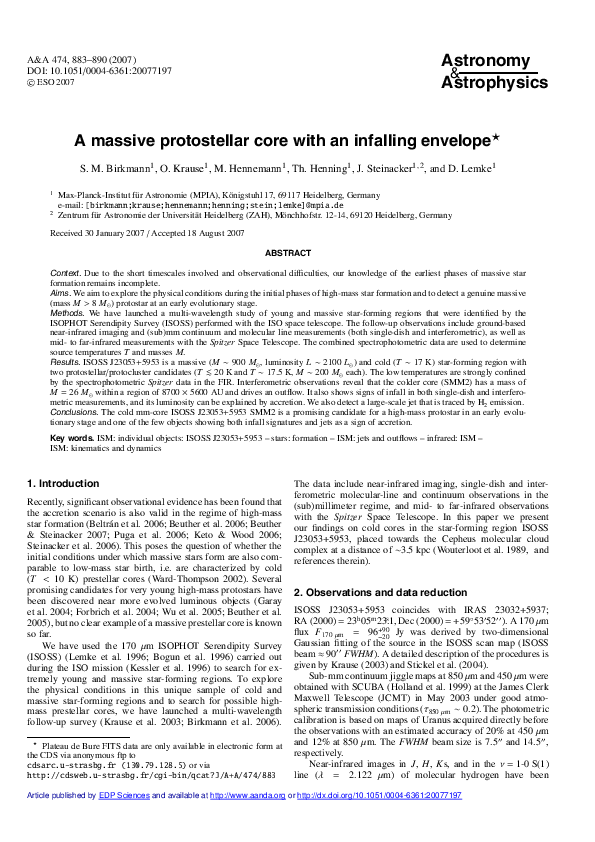 (PDF) A massive protostellar core with an infalling envelope | Stephan ...