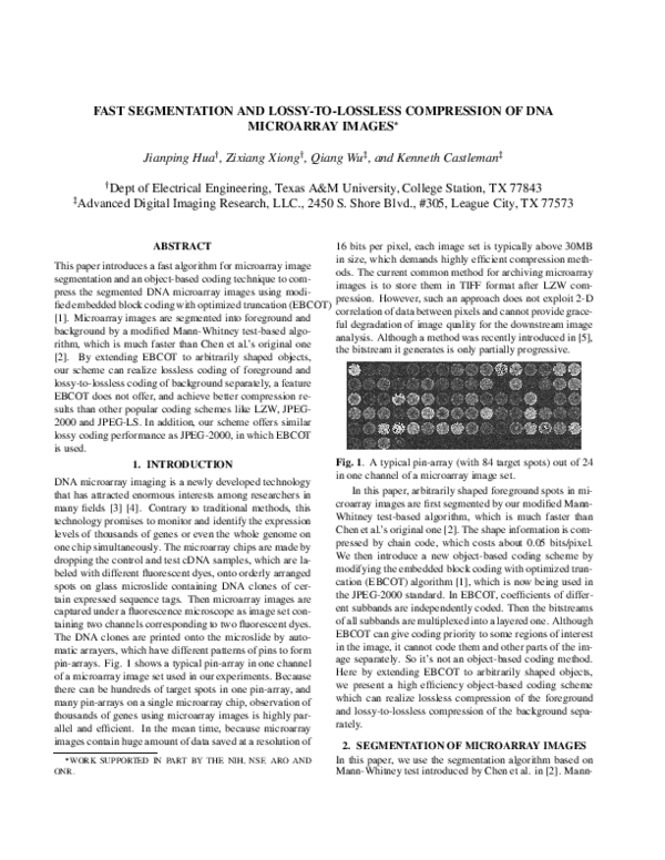 (PDF) Fast Segmentation And Lossy-To-Lossless Compression Of DNA Microarray Images