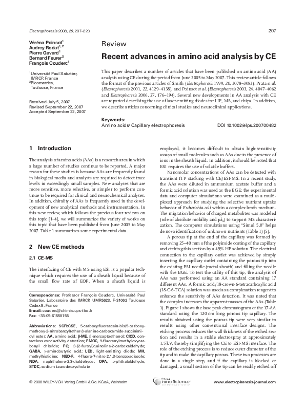 (PDF) Recent advances in amino acid analysis by CE