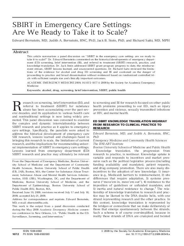 (PDF) SBIRT in Emergency Care Settings: Are We Ready to Take it to Scale?