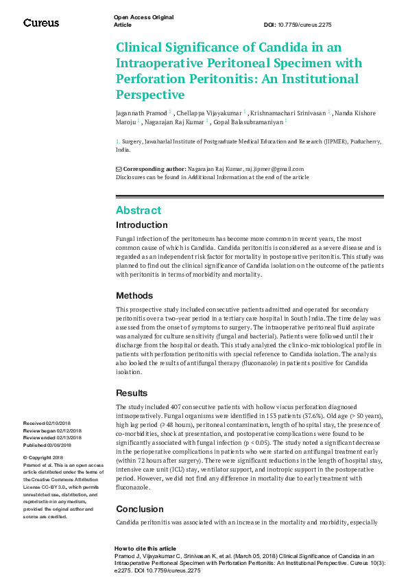 (PDF) Clinical Significance of Candida in an Intraoperative Peritoneal ...