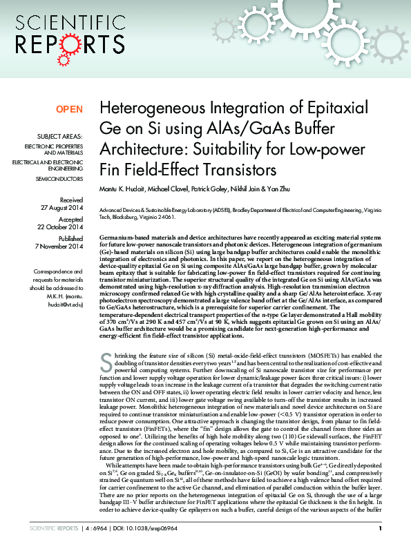 (PDF) Heterogeneous integration of epitaxial Ge on Si using AlAs/GaAs buffer architecture ...