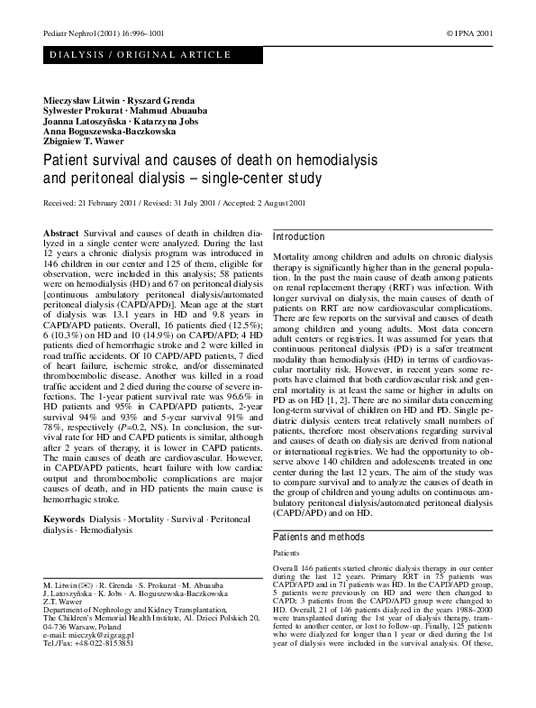 (PDF) Patient survival and causes of death on hemodialysis and peritoneal dialysis - single ...