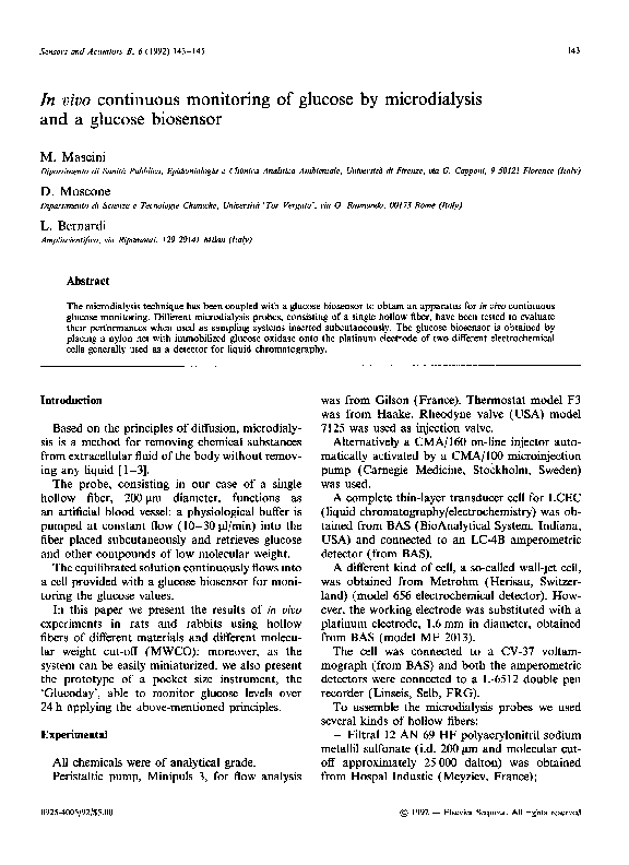 (PDF) In vivo continuous monitoring of glucose by microdialysis and a glucose biosensor