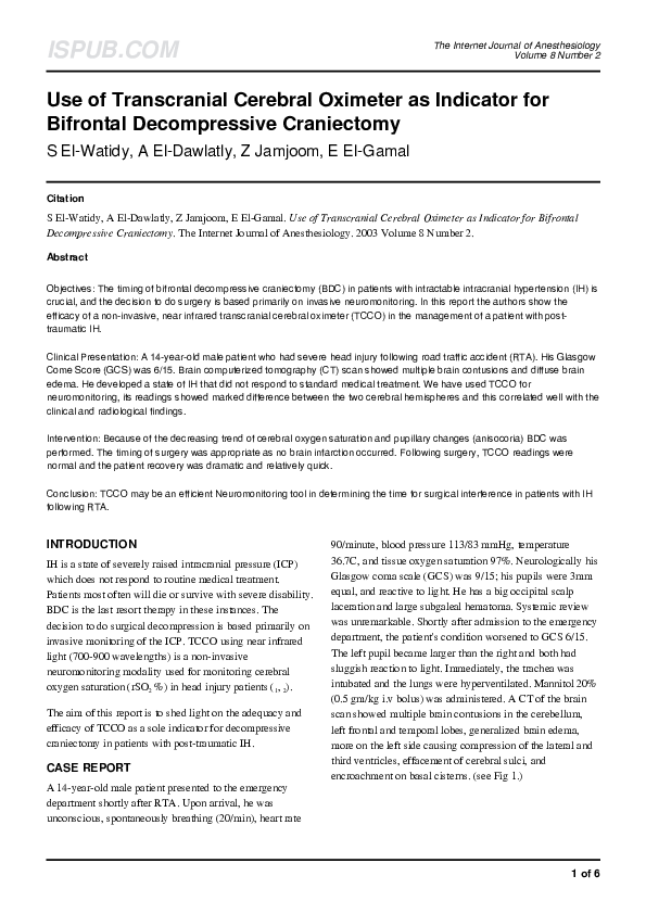 (PDF) Use of Transcranial Cerebral Oximeter as Indicator for Bifrontal ...