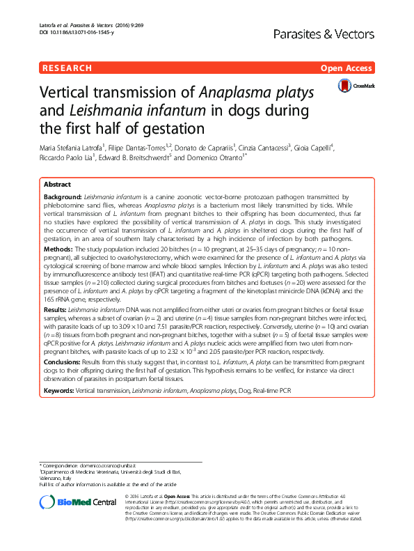 (PDF) Vertical transmission of Anaplasma platys and Leishmania infantum ...