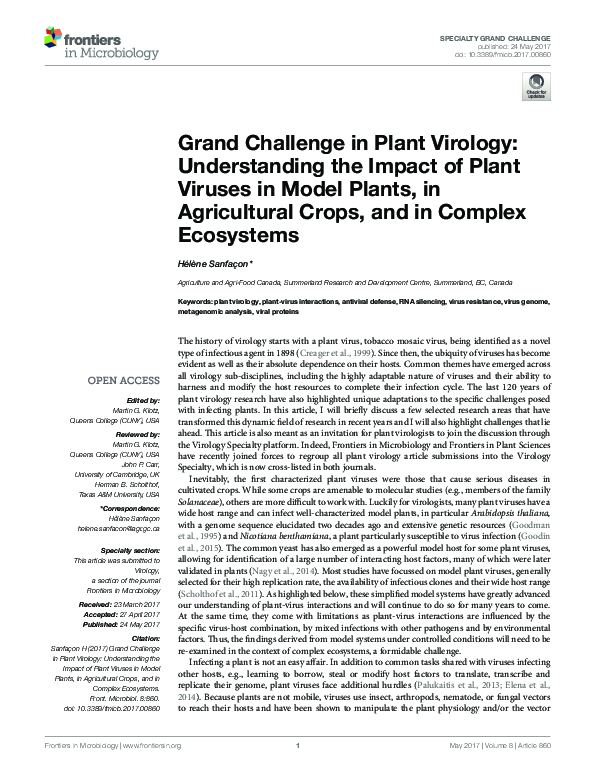 (PDF) Grand Challenge in Plant Virology: Understanding the Impact of ...