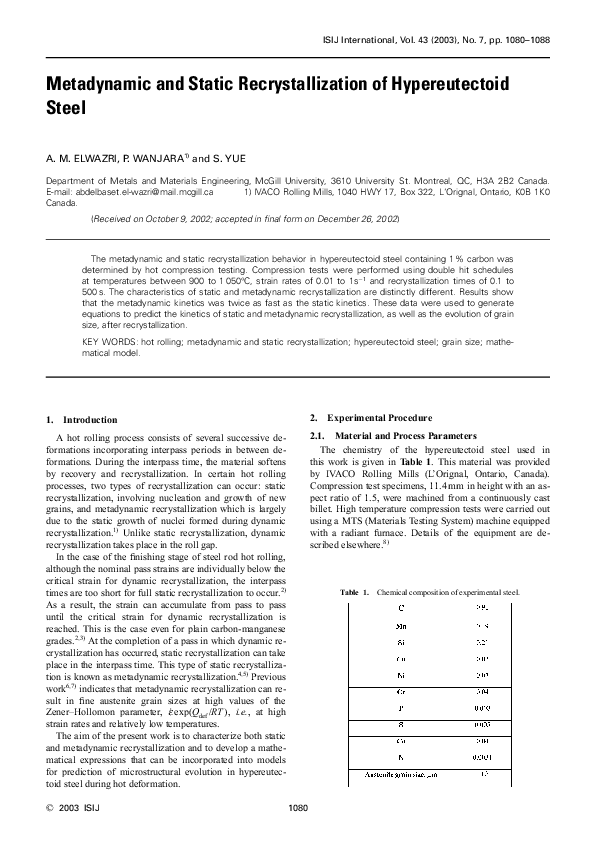 Pdf Metadynamic And Static Recrystallization Of Hypereutectoid Steel P Wanjara