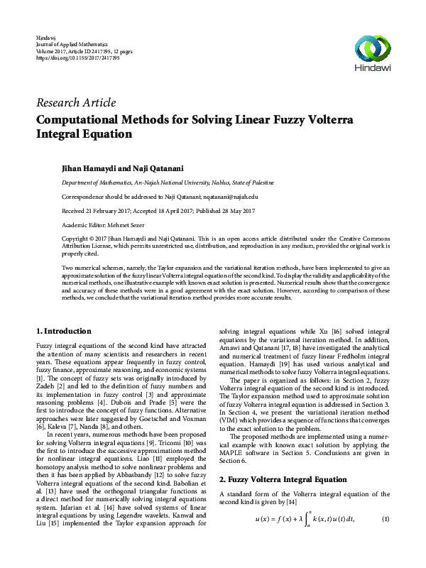 Pdf Computational Methods For Solving Linear Fuzzy Volterra Integral