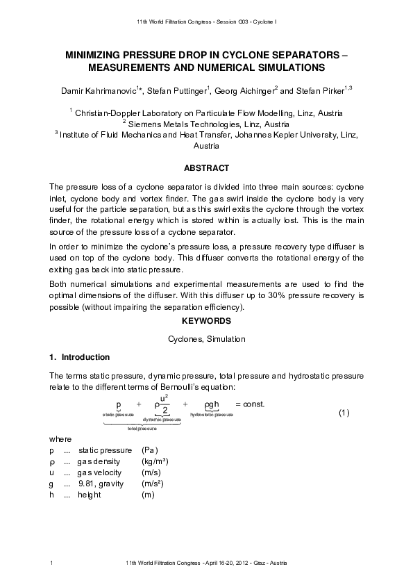 (PDF) Minimizing Pressure Drop in Cyclone Separators – Measurements and ...