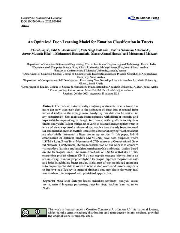 Pdf An Optimized Deep Learning Model For Emotion Classification In Tweets