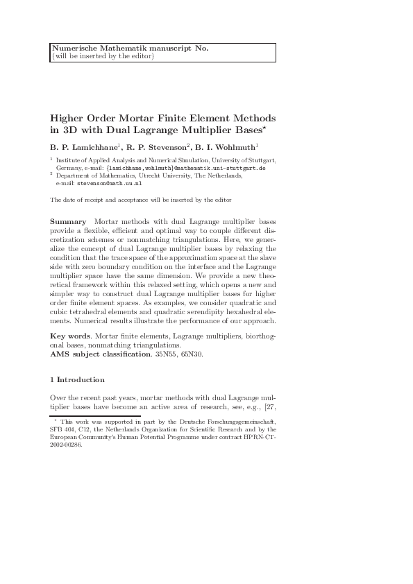 Pdf Higher Order Mortar Finite Element Methods In 3d With Dual