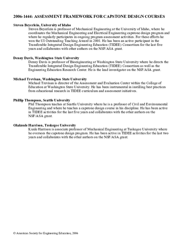 Pdf 2006 1444 Assessment Framework For Capstone Design Courses Assessment Framework For