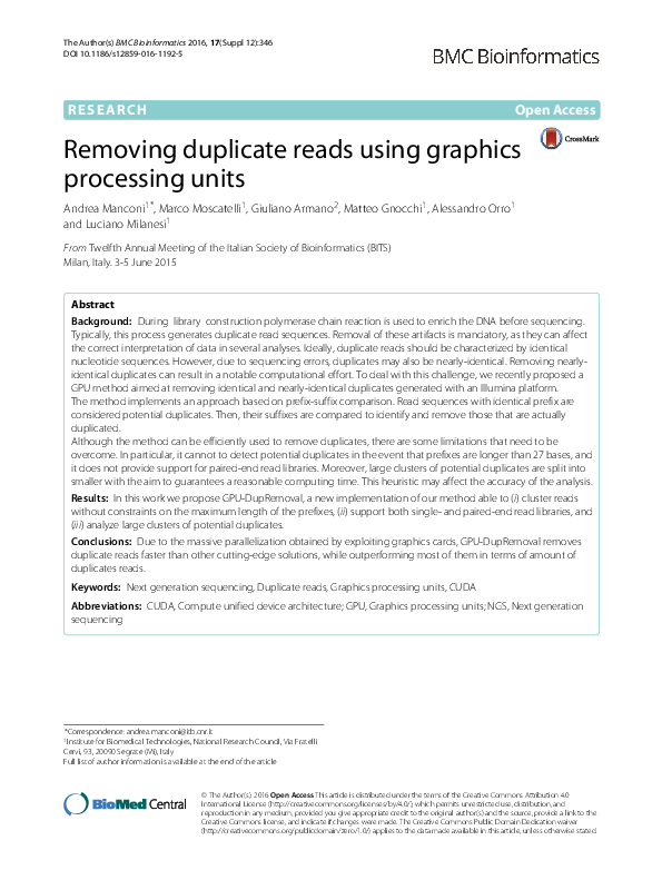 (PDF) Removing duplicate reads using graphics processing units