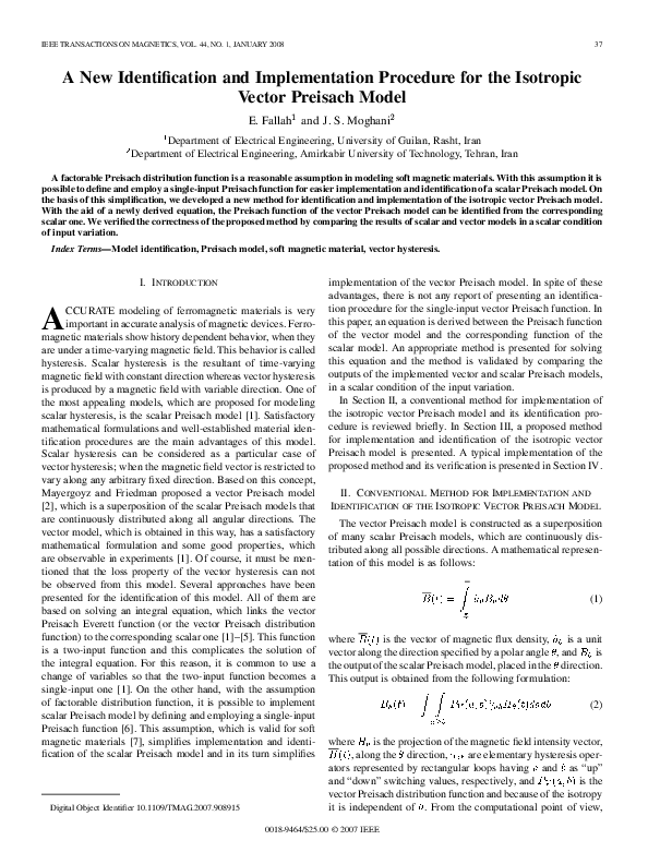 (PDF) A New Identification and Implementation Procedure for the Isotropic Vector Preisach Model