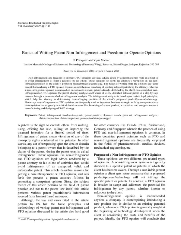 (PDF) Basics of writing patent non-infringement and freedom-tooperate ...