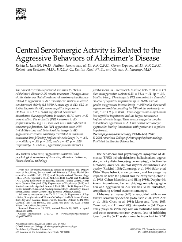 (PDF) Central serotonergic activity is related to the aggressive ...