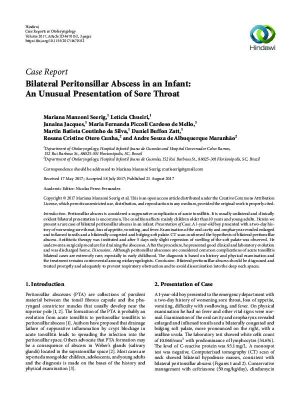 (PDF) Bilateral Peritonsillar Abscess in an Infant: An Unusual ...